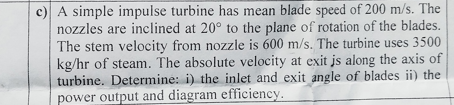 Solved c) ﻿A simple impulse turbine has mean blade speed of | Chegg.com
