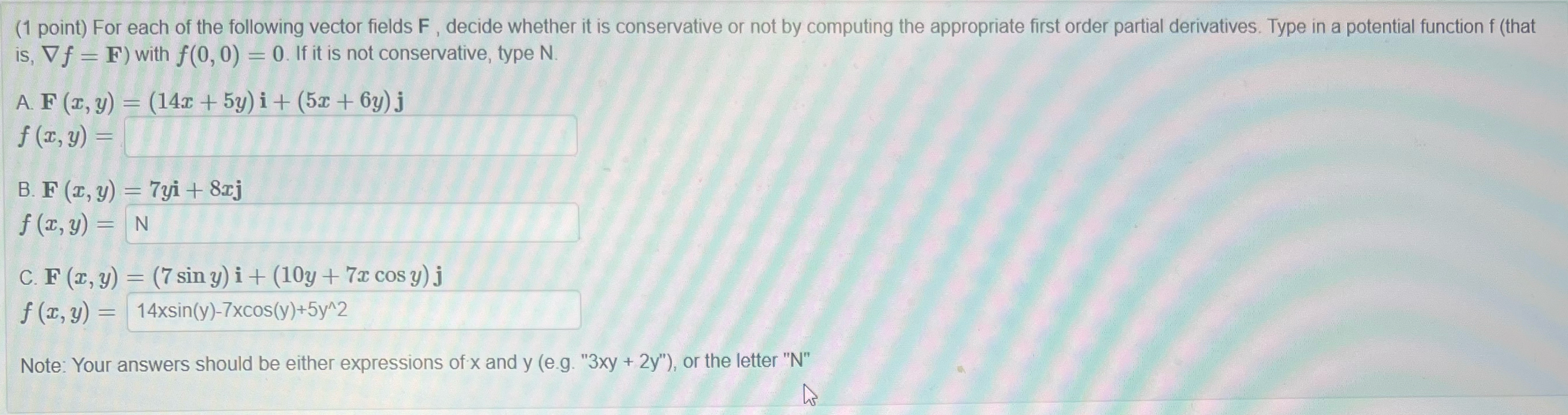 Solved (1 ﻿point) ﻿For each of the following vector fields | Chegg.com