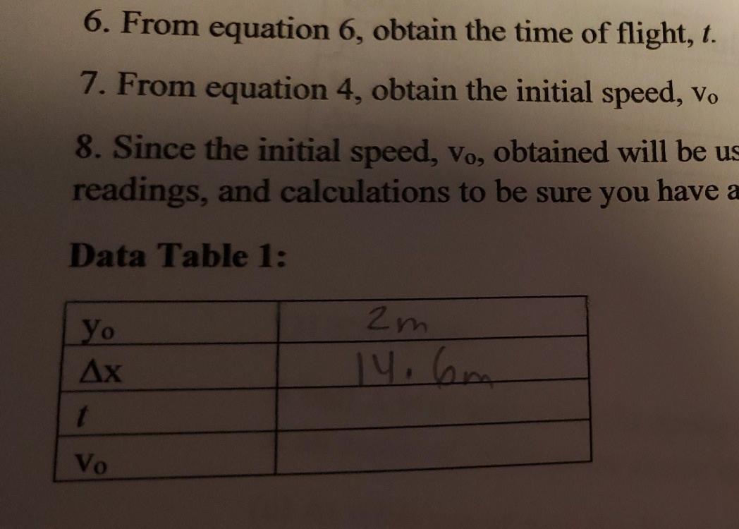 Solved obtain time of flight, t from equation 6, obtain the | Chegg.com