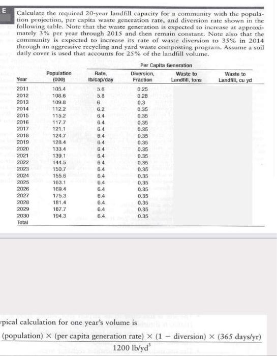Solved E Calculate the required 20-year landfill capacity | Chegg.com
