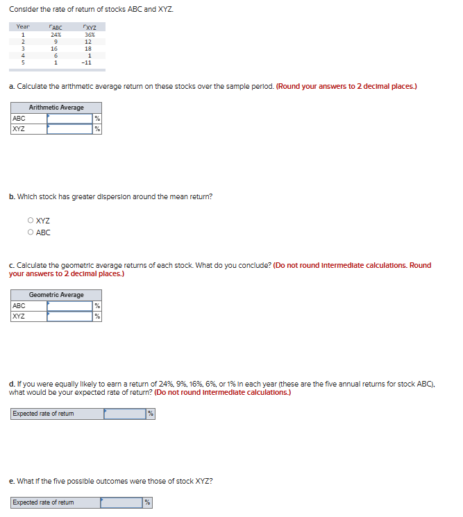 Solved Consider the rate of return of stocks ABC and XYZ . | Chegg.com