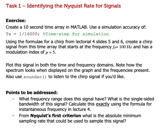 Solved Task 1 - ﻿Identifying the Nyquist Rate for | Chegg.com