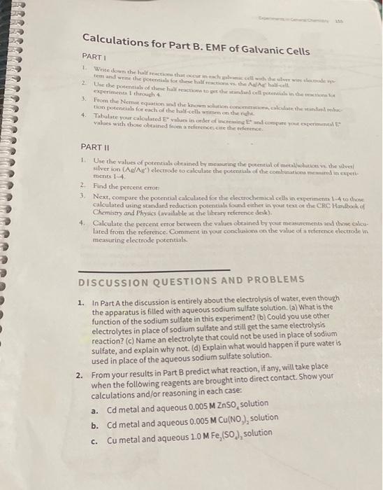 Solved Calculations for Part B. EMF of Galvanic Cells PARTI | Chegg.com