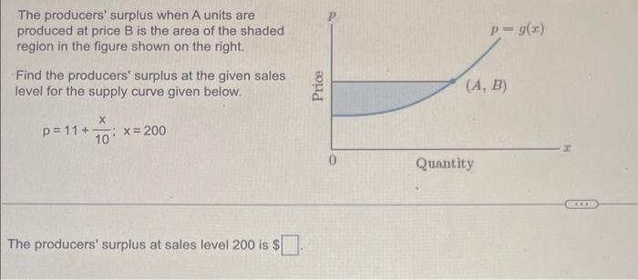 Solved The producers' surplus when A units are produced at | Chegg.com