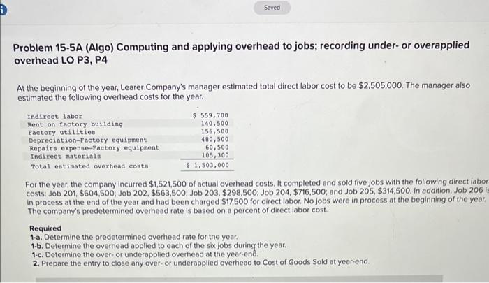 Solved Problem 15-5A (Algo) Computing and applying overhead | Chegg.com