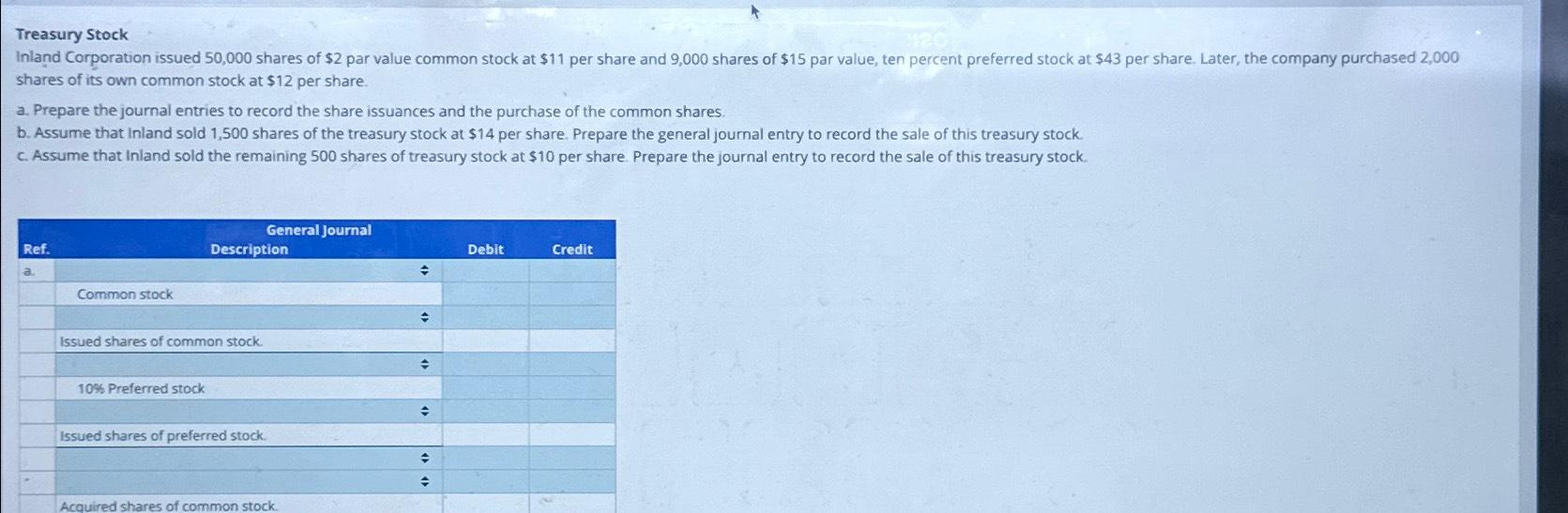 Solved Treasury Stock shares of its own common stock at $12 | Chegg.com