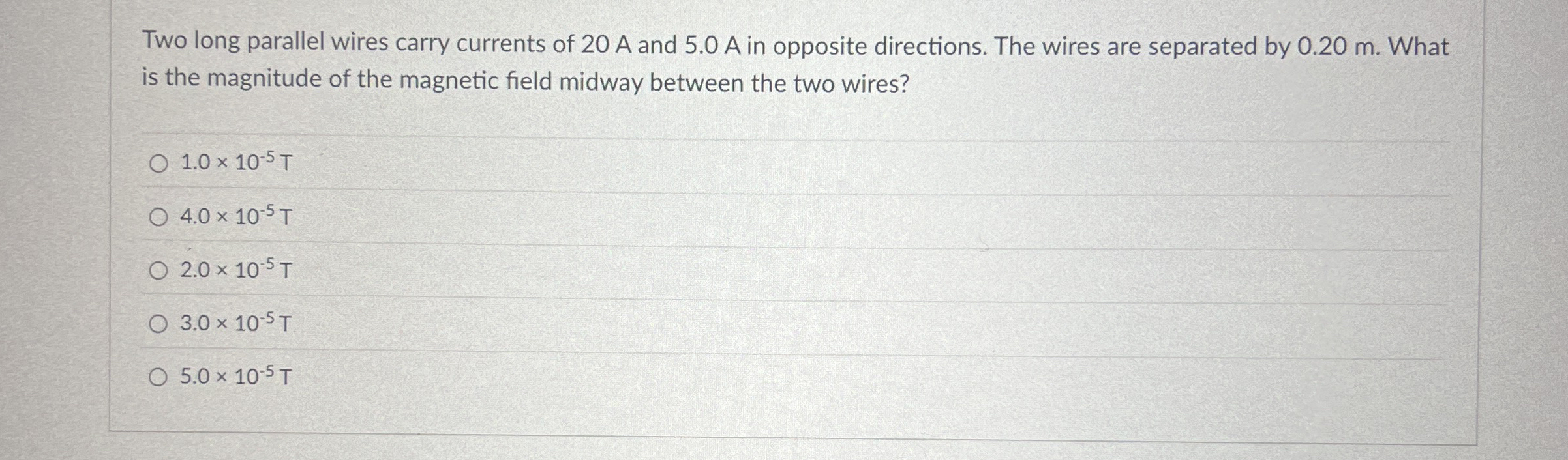 Solved Two long parallel wires carry currents of 20 ﻿A and | Chegg.com