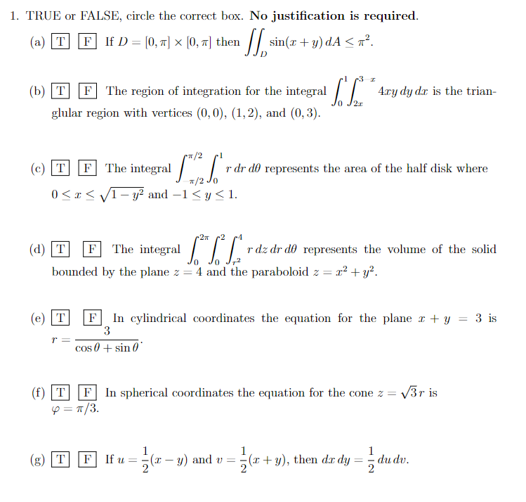 Solved TRUE or FALSE, circle the correct box. No | Chegg.com