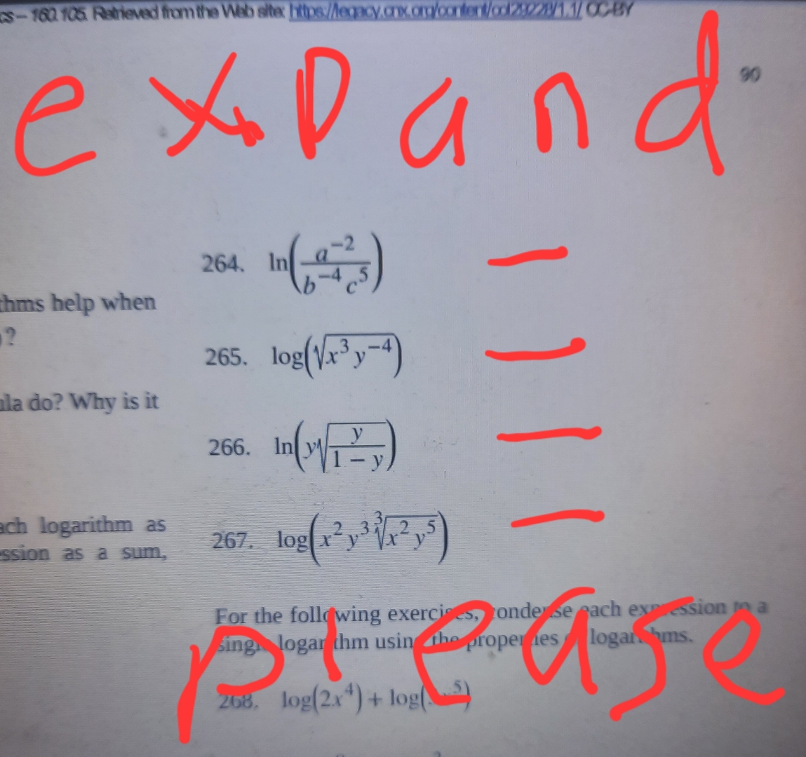 Solved thms help when264. ln(a-2b-4c5) ?265. log(x3y-42)Ila | Chegg.com