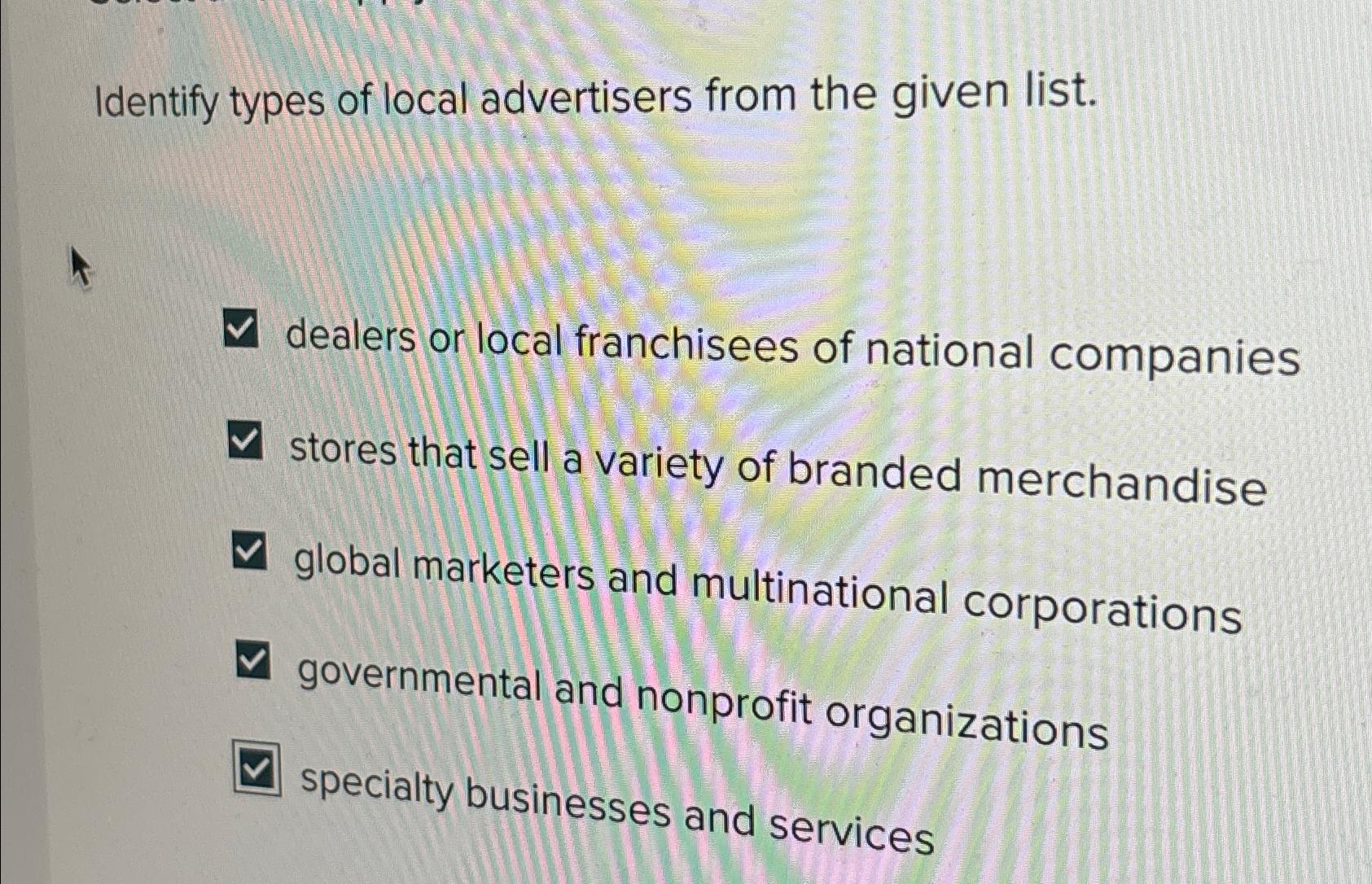 Solved Identify types of local advertisers from the given | Chegg.com Solved Identify types of local advertisers from the given | Chegg.com