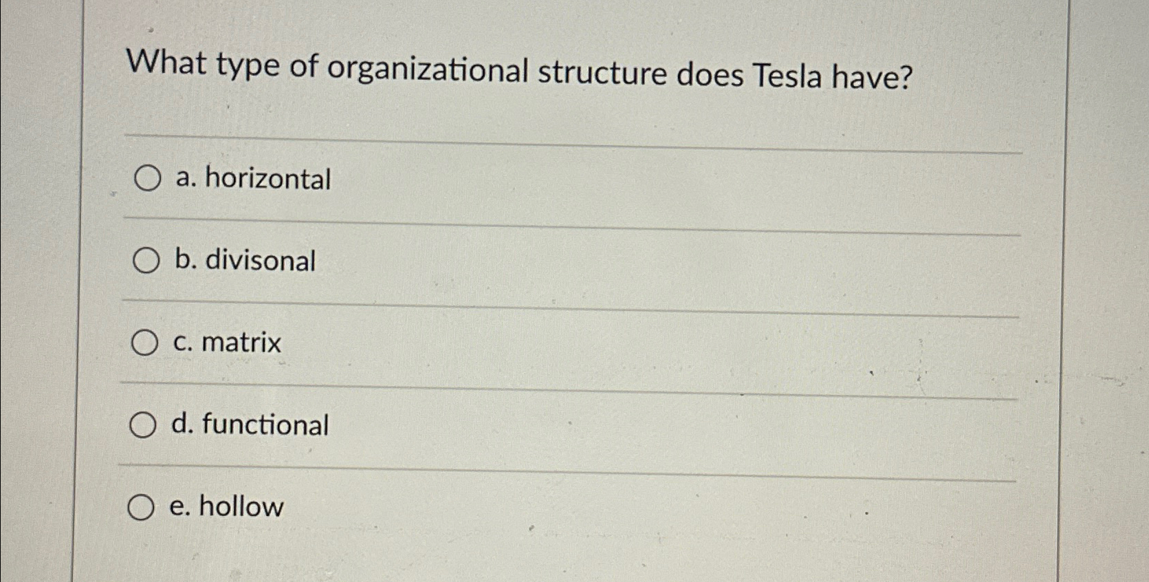 Solved What type of organizational structure does Tesla | Chegg.com