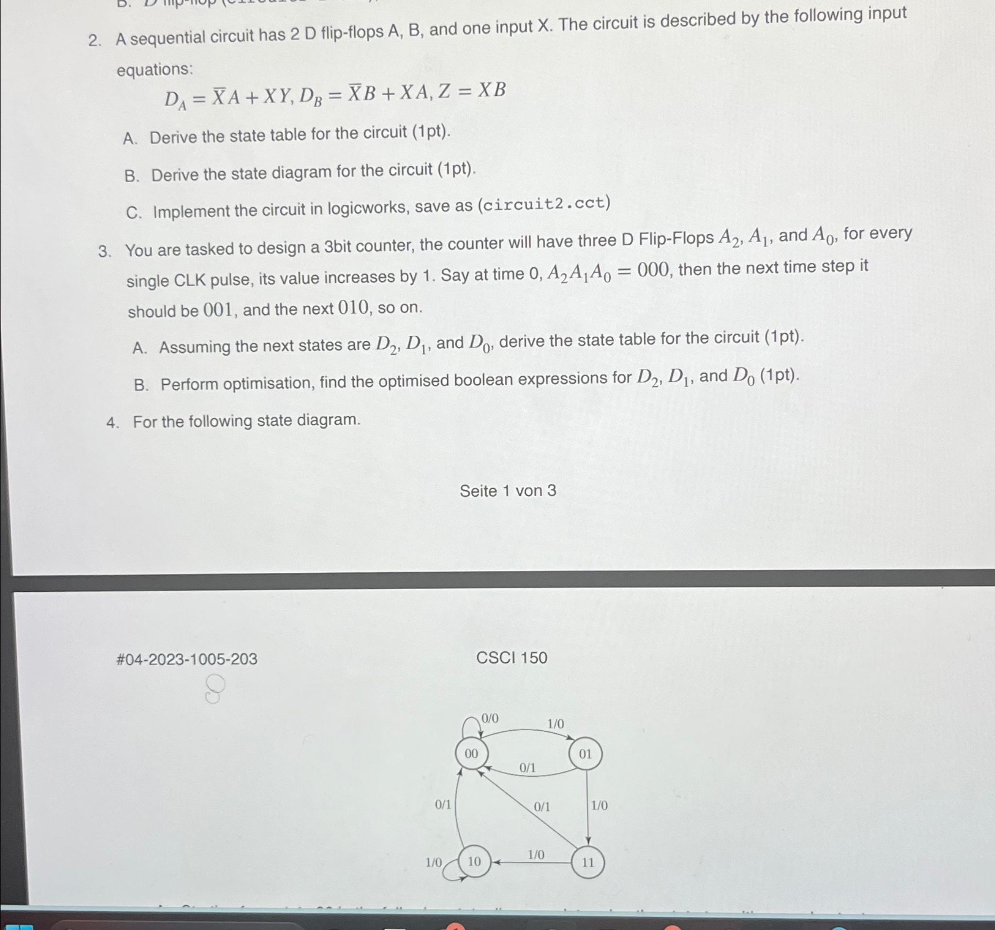 Solved A sequential circuit has 2 ﻿D flip-flops A,B, ﻿and | Chegg.com