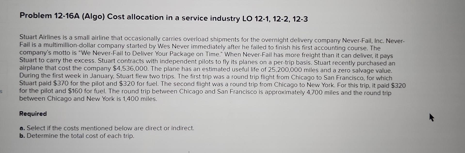 Solved Problem 12-16A (Algo) Cost allocation in a service | Chegg.com