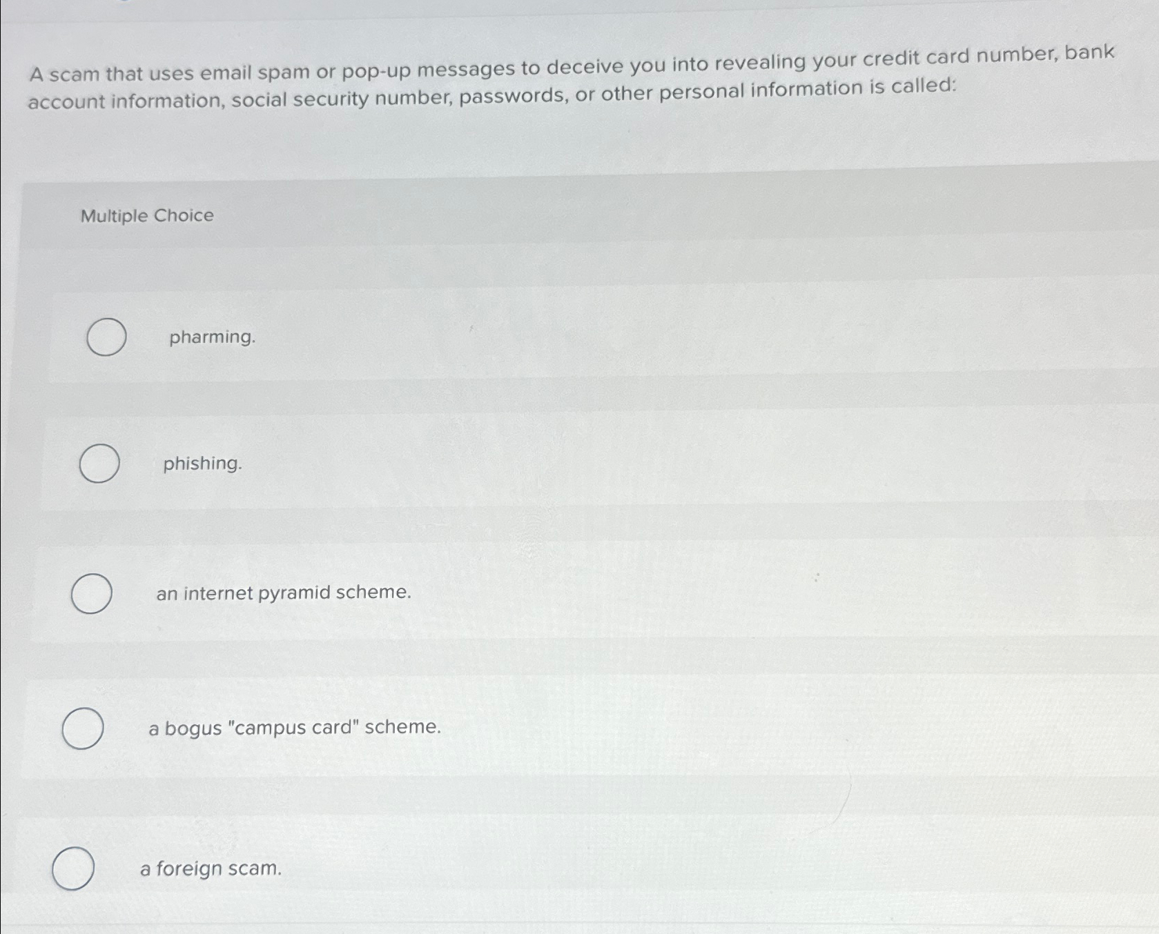 Solved A scam that uses email spam or pop-up messages to | Chegg.com