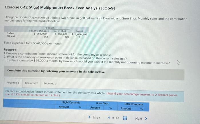 Solved Exercise 6-12 (Algo) Multiproduct Break-Even Analysis | Chegg.com