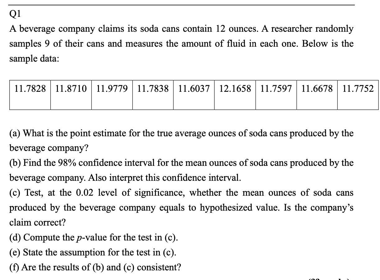 Solved Q1A beverage company claims its soda cans contain 12 | Chegg.com