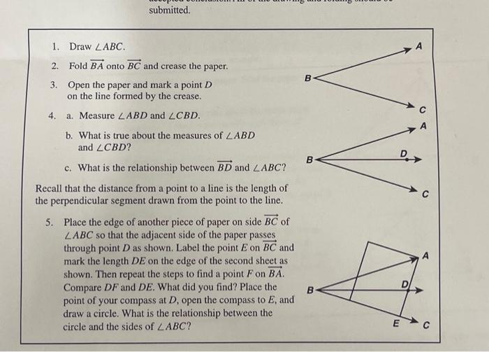 Solved 1. Draw LABC. 2. submitted. 4. Fold BA onto BC and | Chegg.com