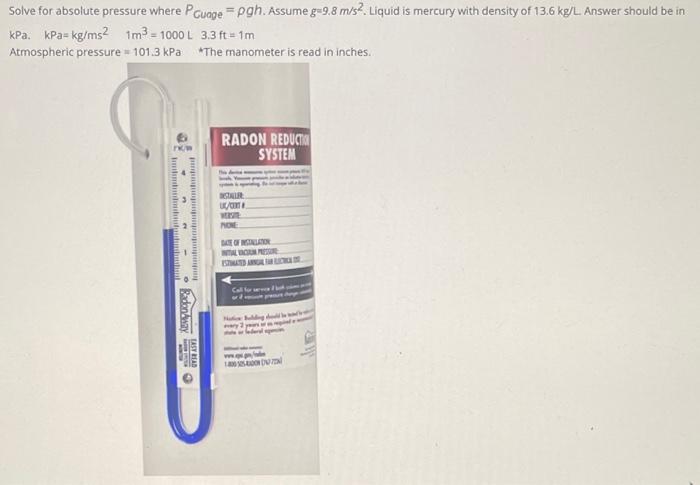 Solved Solve for absolute pressure where Pouage = pgh. | Chegg.com