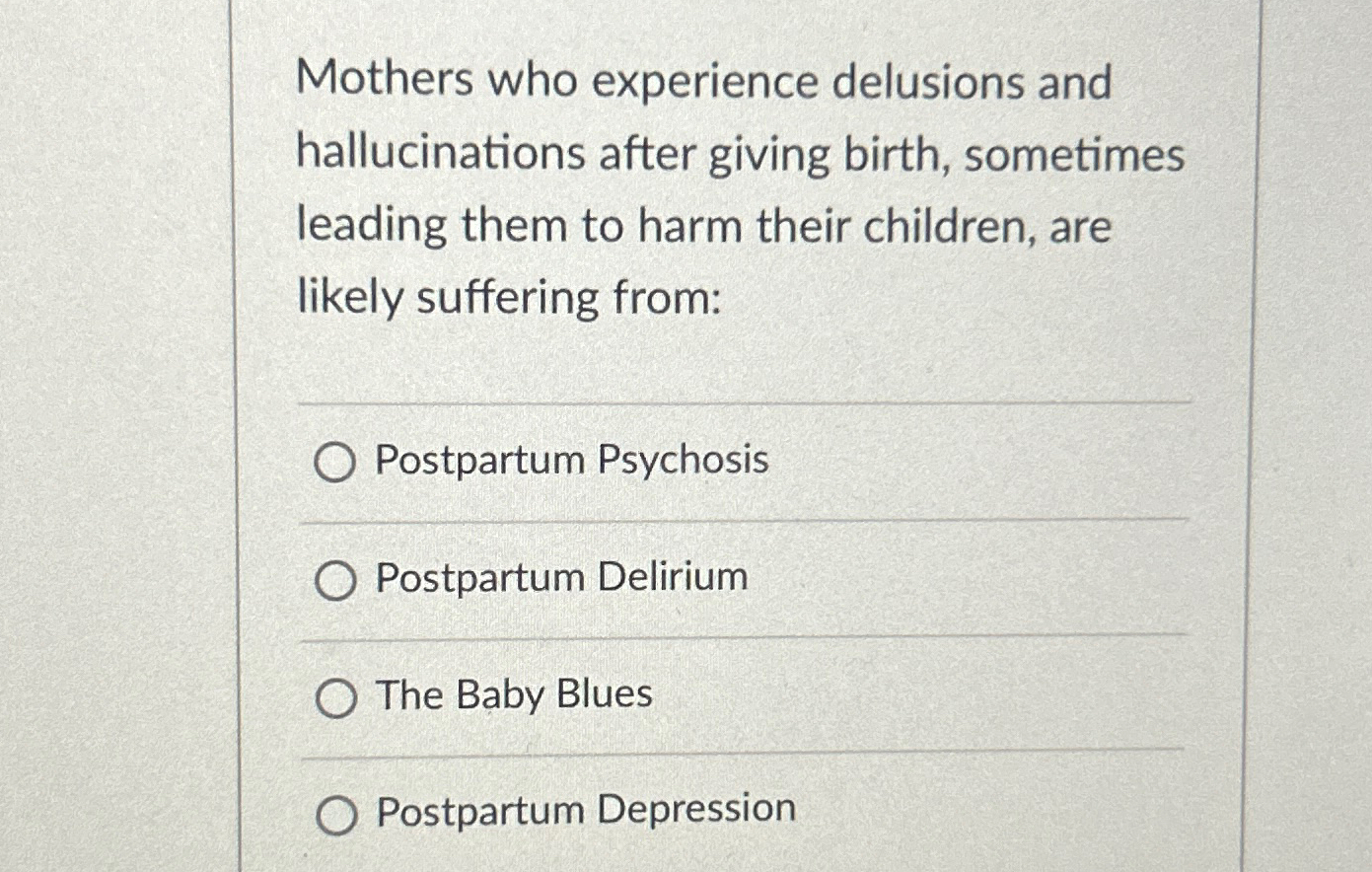 Solved Mothers who experience delusions and hallucinations | Chegg.com