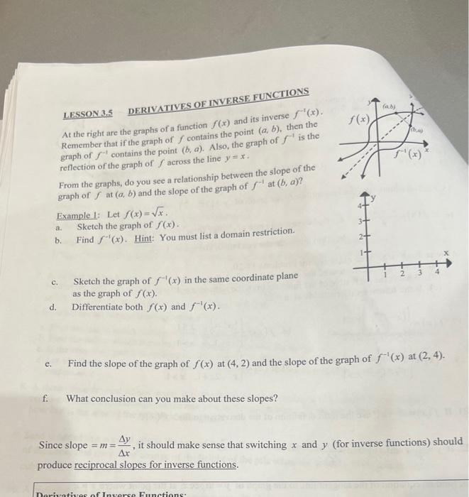 Solved LESSON 3.5 DERIVATIVES OF INVERSE FUNCTIONS At the | Chegg.com