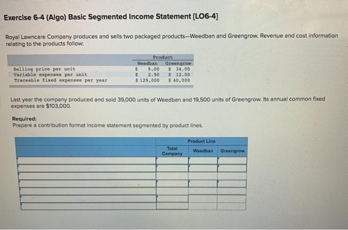 Solved Exercise 6-4 (Algo) Basic Segmented Income Statement | Chegg.com