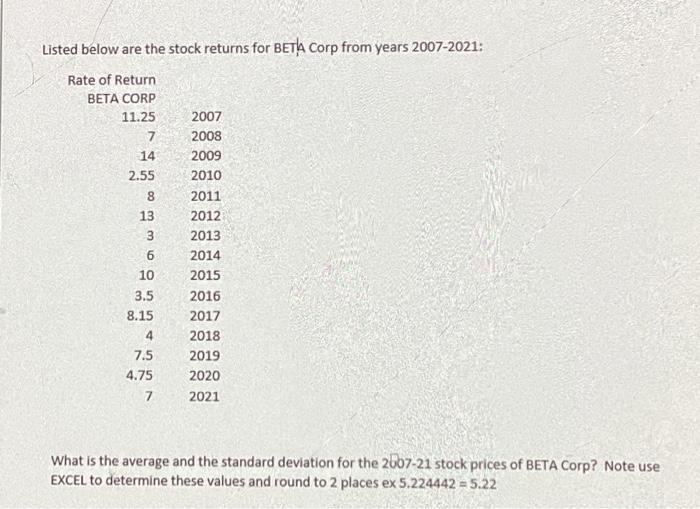 Solved Listed below are the stock returns for BETh Corp from | Chegg.com