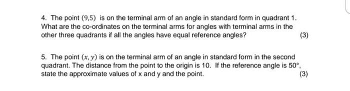 Solved 4. The point (9,5) is on the terminal arm of an angle | Chegg.com