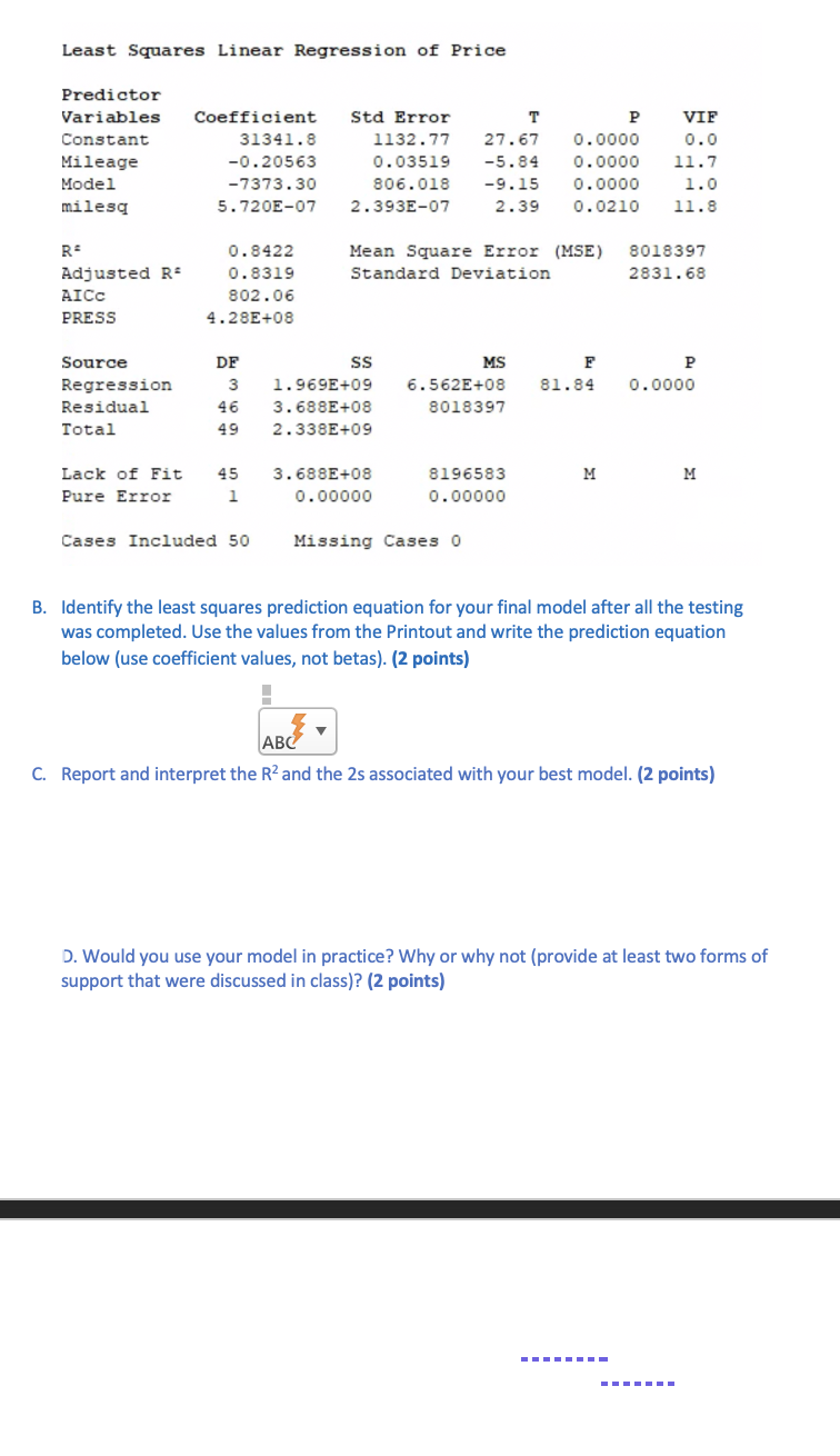 Solved Least Squares Linear Regression of PriceB. ﻿Identify | Chegg.com
