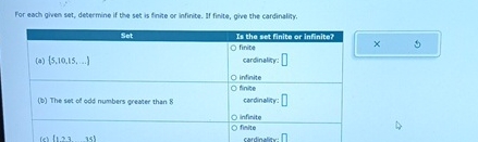 Solved For each given set, determine if the set is finie or | Chegg.com