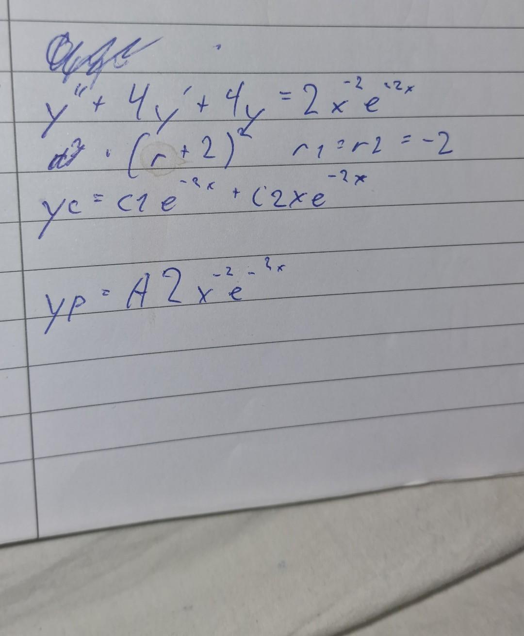 Solved y11+4y′+4y=2x−2e−2xd2⋅(r+2)2−1=r2=−2yc=c1e−2x+(2xe−2x | Chegg.com
