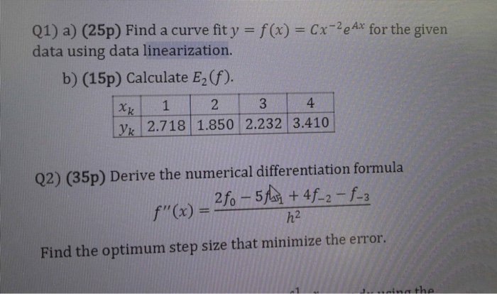 Solved Q1) a) (25p) Find a curve fit y = f(x) = (x-2e Ax for | Chegg.com