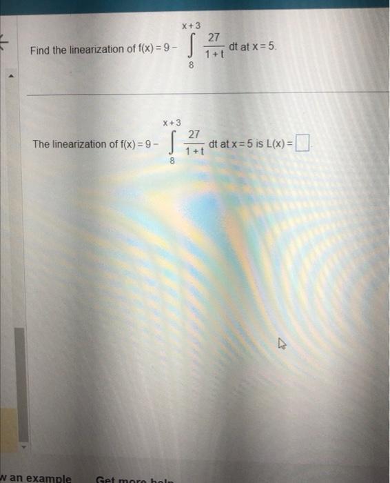 Solved Find the linearization of f(x)=9−∫8x+31+t27dt at x=5. | Chegg.com