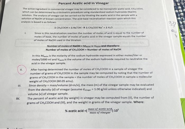 Solved Percent Acetic acid in Vinegar - Data Sheet Molarity | Chegg.com