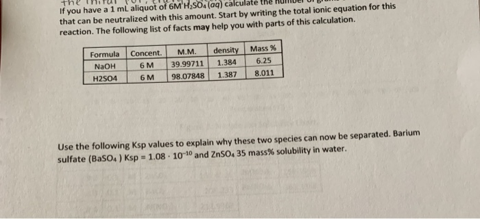 the If you have a 1 mL aliquot of 6M'H2SO4 (aq) | Chegg.com