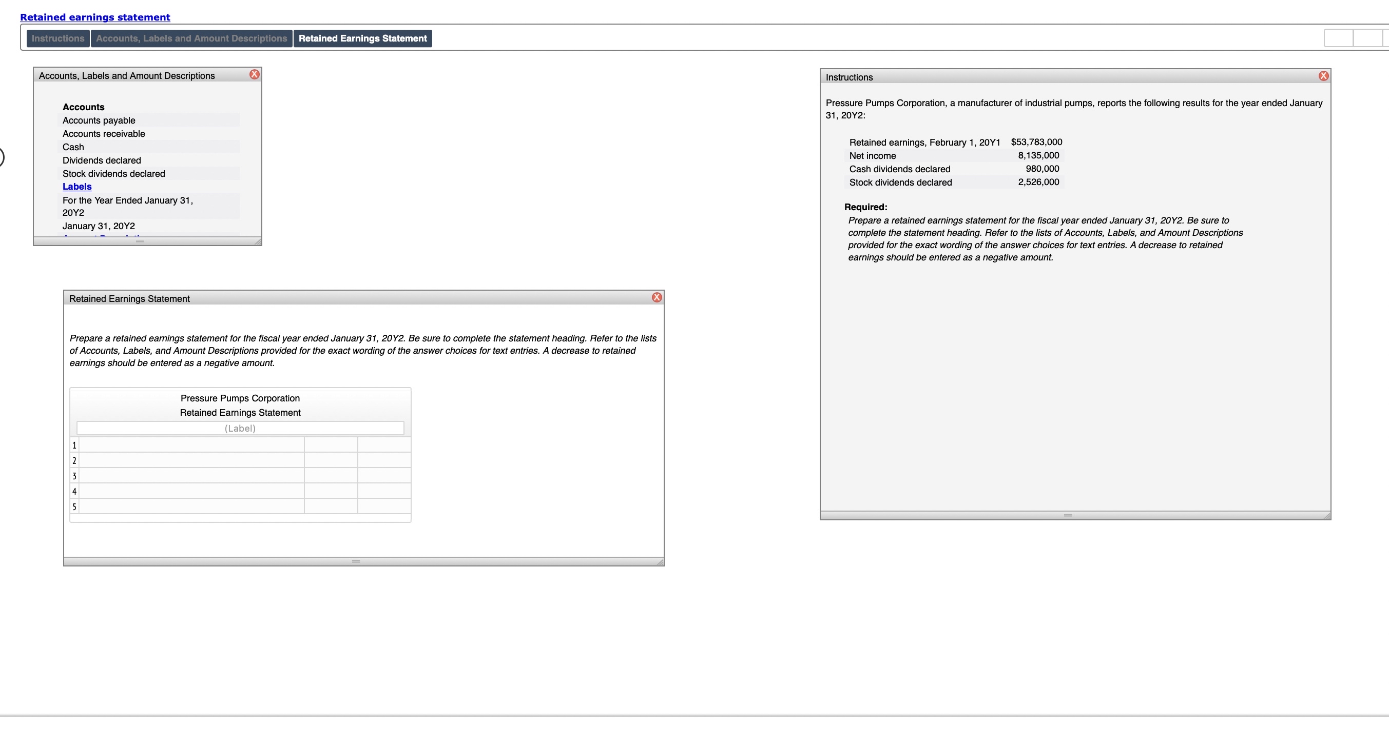 Solved Retained earnings statementAccounts, Labels and | Chegg.com