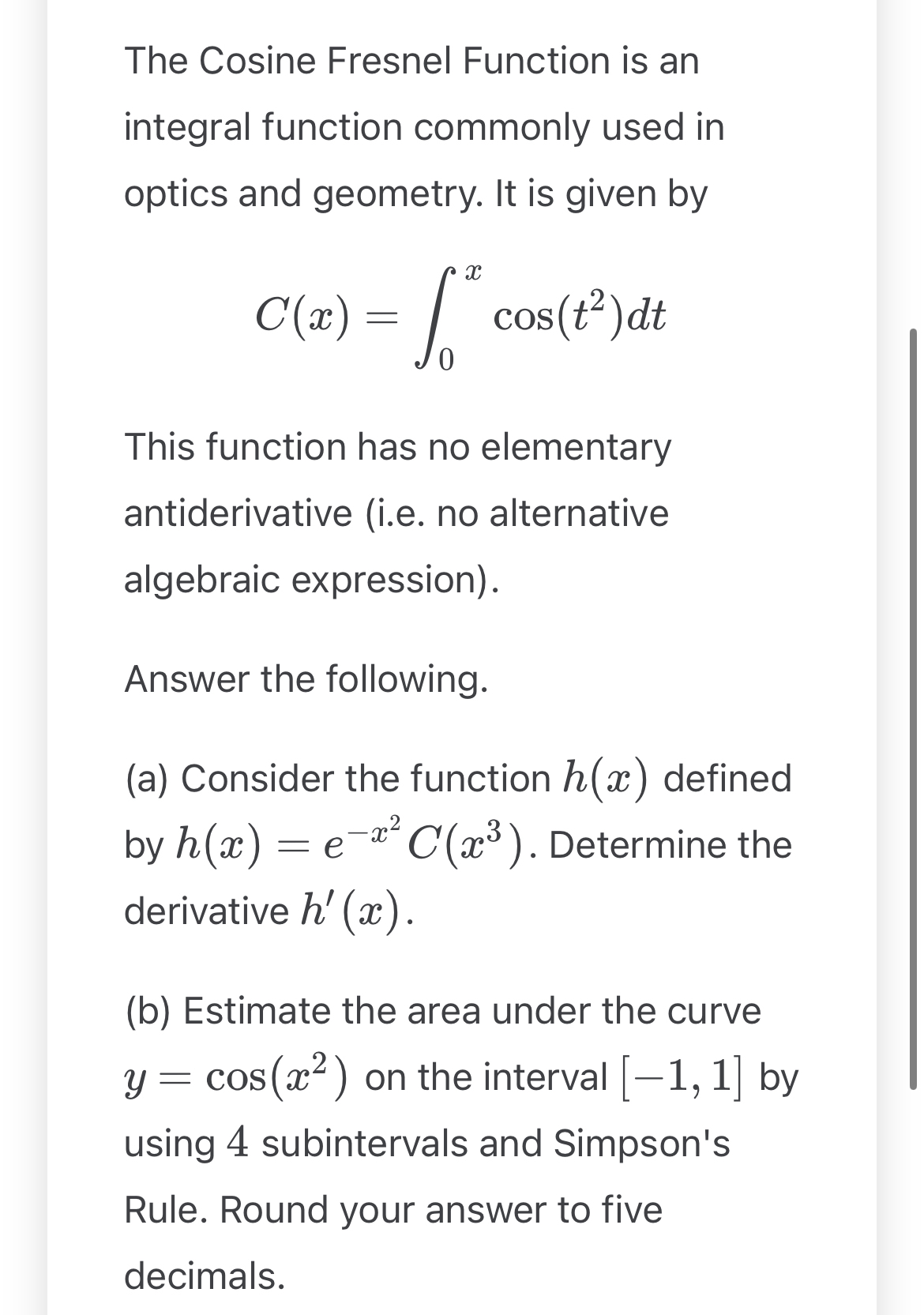 The Cosine Fresnel Function is an integral function | Chegg.com