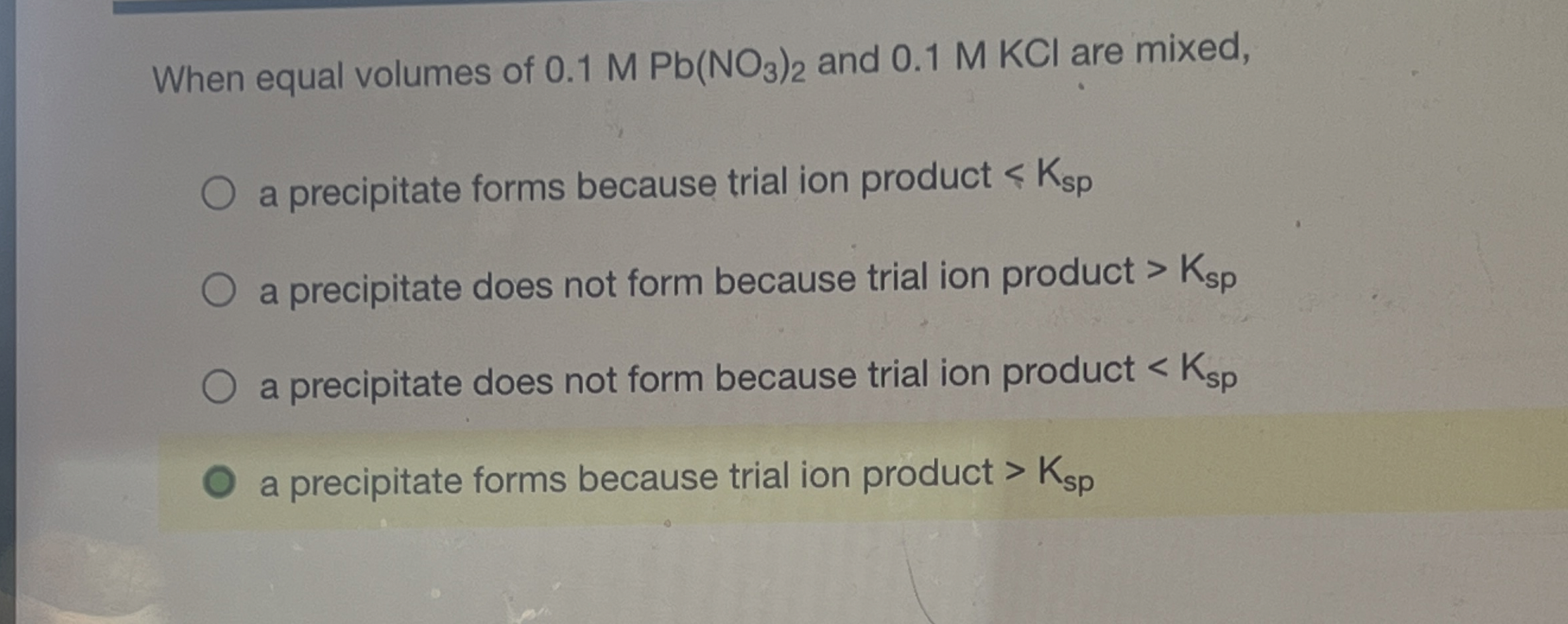 Solved When equal volumes of 0.1MPb(NO3)2 ﻿and 0.1 ﻿M KCl | Chegg.com