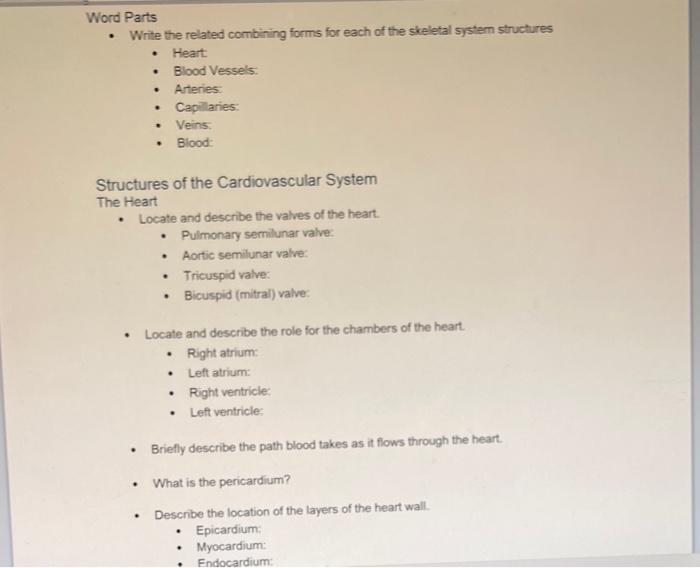 Solved Word Parts - Write the related combining forms for | Chegg.com