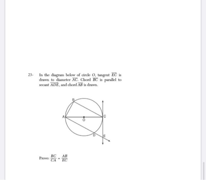 Solved 23. In the diagram below of circle 0, tangent EC is | Chegg.com