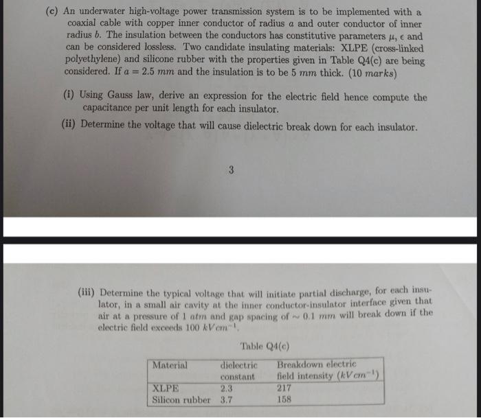 Solved (c) An underwater high-voltage power transmission | Chegg.com