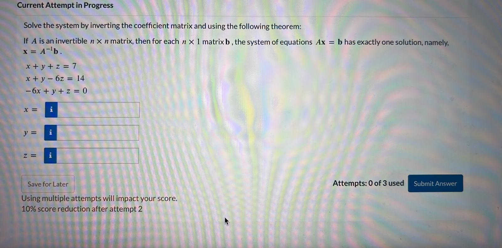 Solved Current Attempt in ProgressSolve the system by | Chegg.com