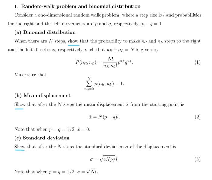 Solved 1. Random-walk problem and binomial distribution | Chegg.com