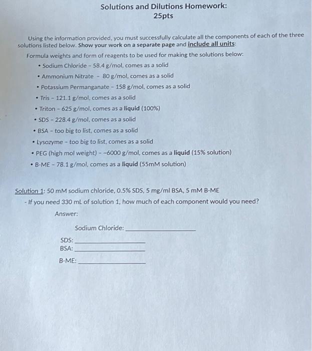 Solved Solutions and Dilutions Homework: 25pts Using the | Chegg.com
