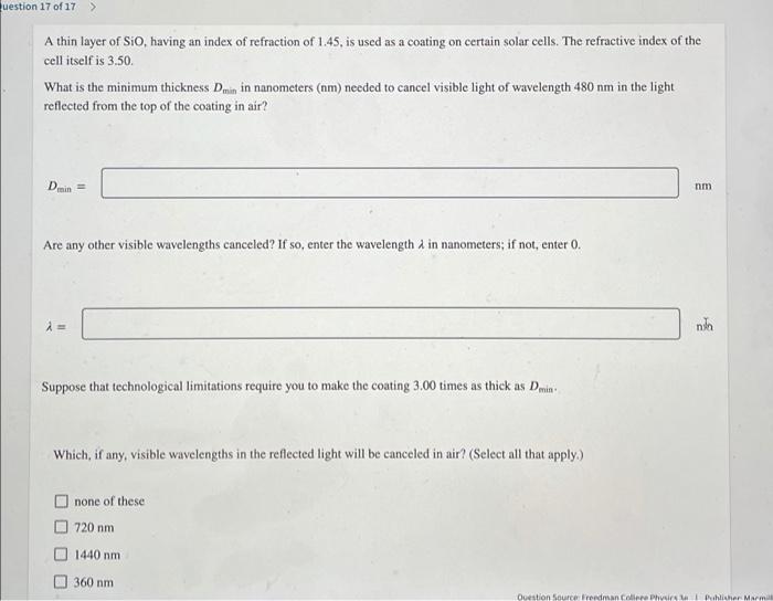 Solved uestion 17 of 17 > A thin layer of Sio, having an | Chegg.com