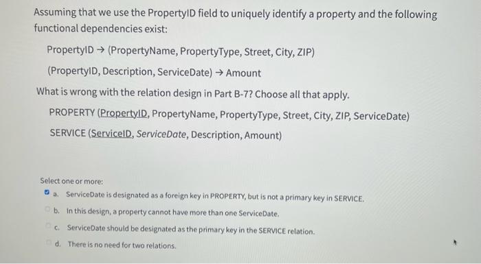 Solved Assuming that we use the PropertyID field to uniquely | Chegg.com