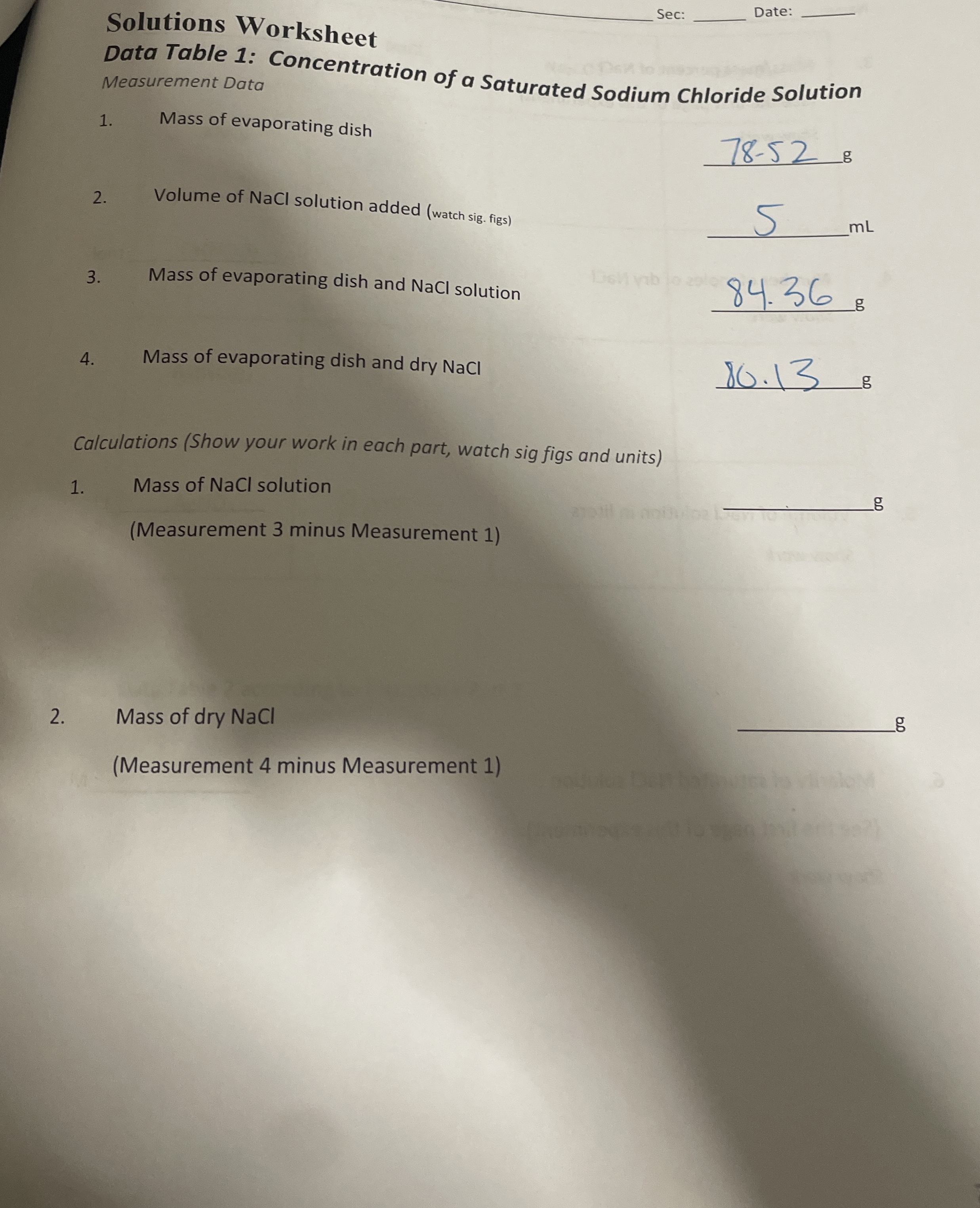 Solved Solutions WorksheetSec:q,Date:q,Data Table 1: | Chegg.com