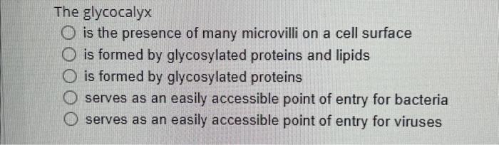 Solved The glycocalyx is the presence of many microvilli on | Chegg.com