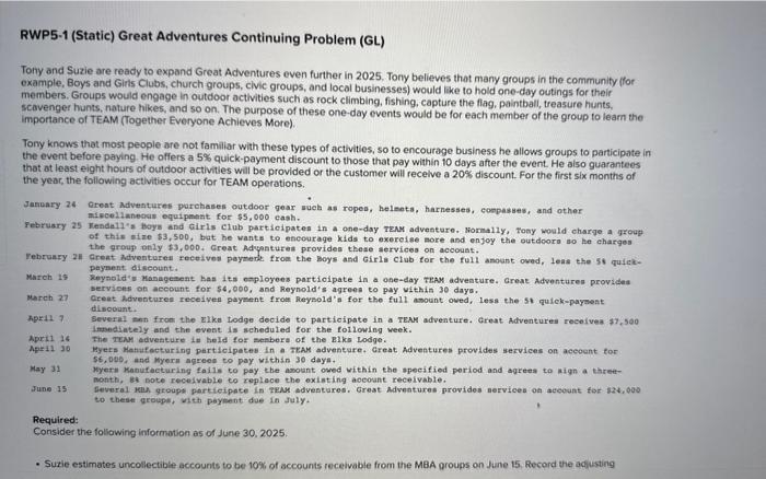 Solved RWP5-1 (Static) Great Adventures Continuing Problem | Chegg.com