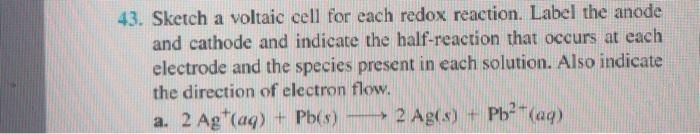 Solved 43. Sketch a voltaic cell for each redox reaction. | Chegg.com