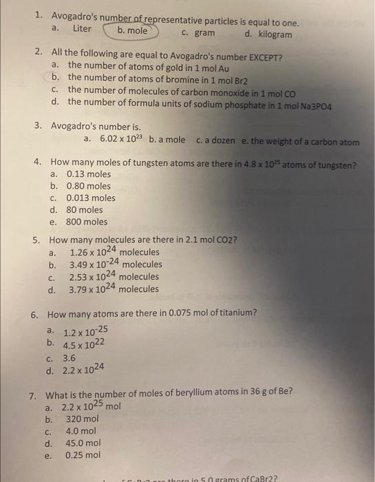 Solved 1. Avogadro's number of representative particles is | Chegg.com